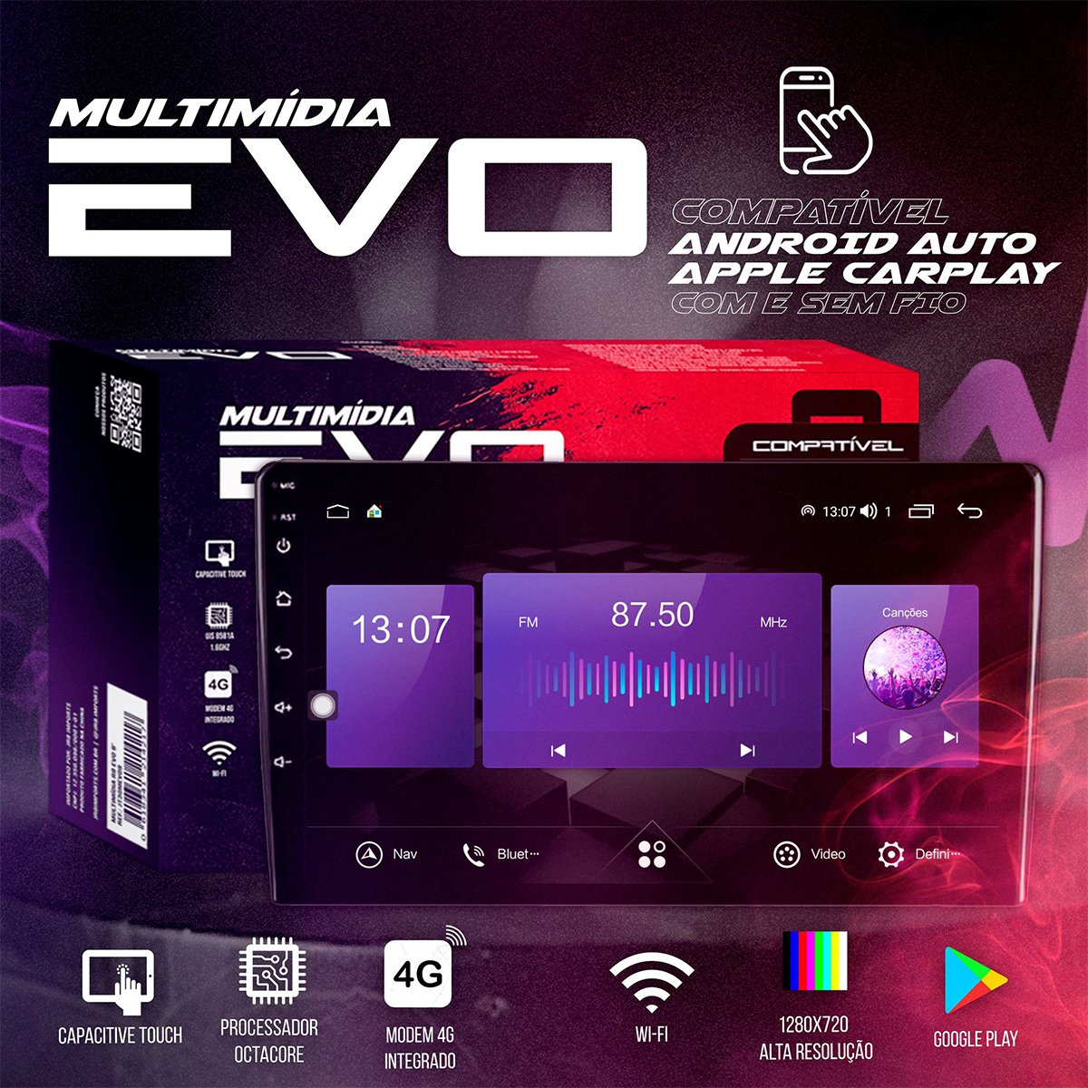 Multimídia Android EVO 9'' Carplay sem Fio R8 Tecnology JR8